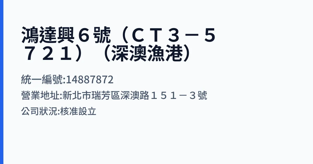 鴻達興6號(CT3-5721)(深澳漁港) - 統編 14887872(新北市) 公司登記資料與營業項目詳細圖表