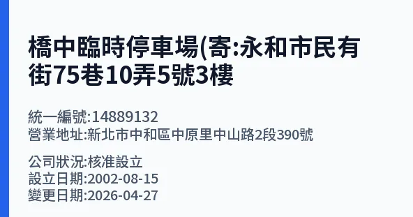 橋中臨時停車場(寄:永和市民有街75巷10弄5號3樓的照片-統編 14889132(新北市) 公司登記資料與營業項目詳細圖表