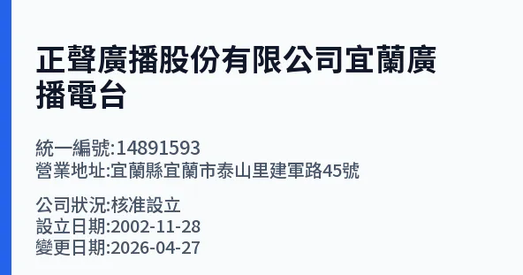 正聲廣播股份有限公司宜蘭廣播電台的照片-統編 14891593(宜蘭縣) 公司登記資料與營業項目詳細圖表