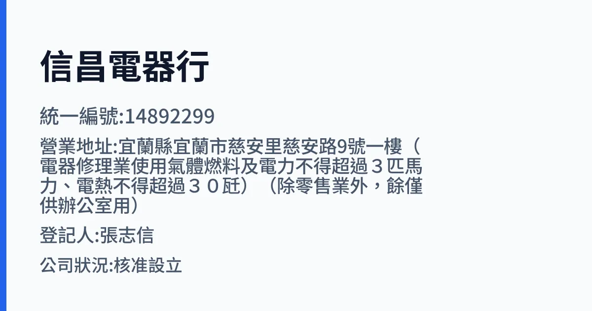 信昌電器行 - 統編 14892299(宜蘭縣) 公司登記資料與營業項目詳細圖表
