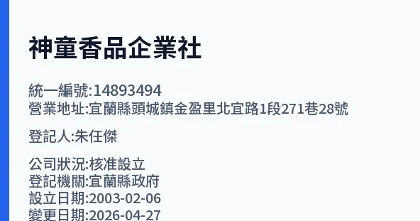 神童香品企業社的照片-統編 14893494(宜蘭縣) 公司登記資料與營業項目詳細圖表