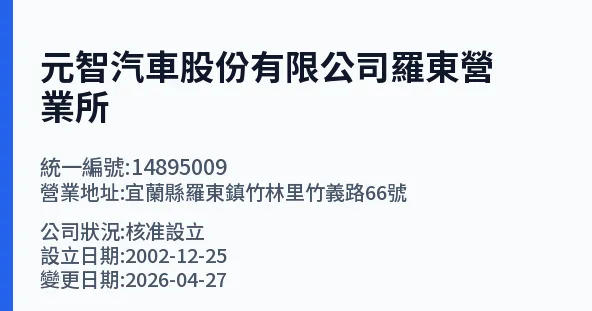 元智汽車股份有限公司羅東營業所的照片-統編 14895009(宜蘭縣) 公司登記資料與營業項目詳細圖表