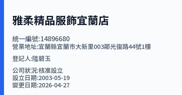 雅柔精品服飾宜蘭店的照片-統編 14896680(宜蘭縣) 公司登記資料與營業項目詳細圖表