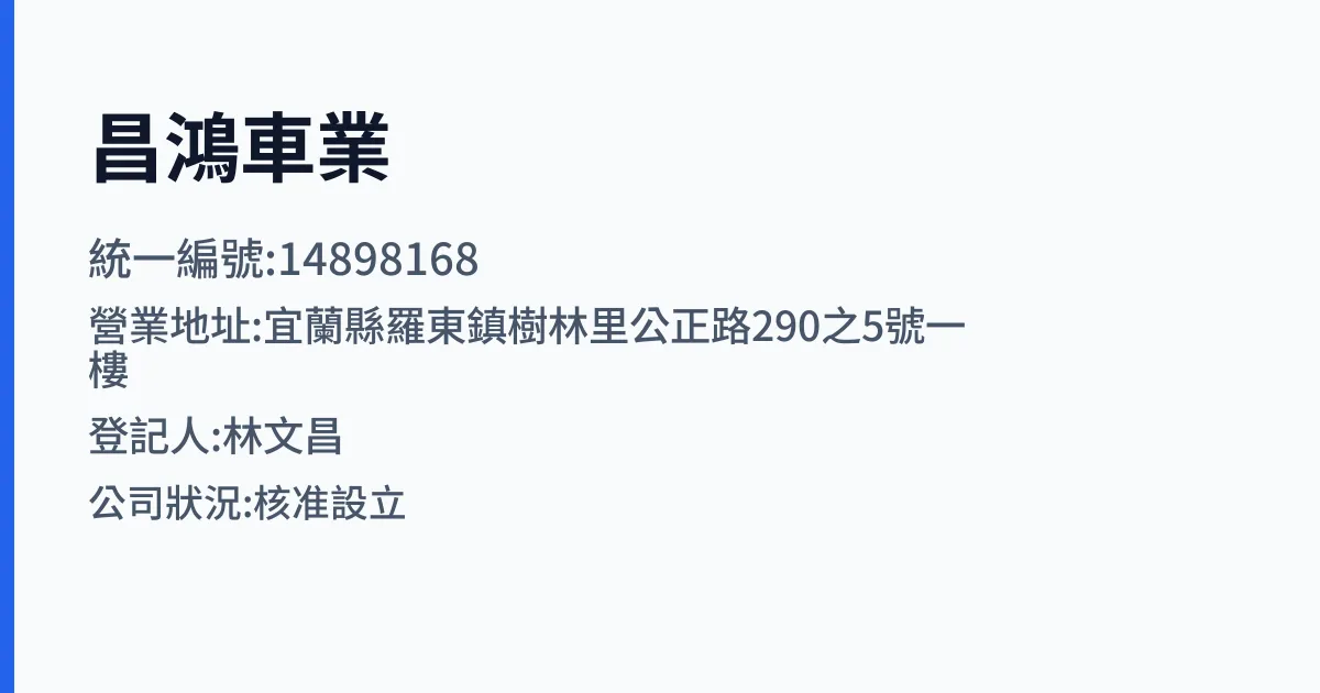 昌鴻車業 - 統編 14898168（宜蘭縣） 公司登記資料與營業項目詳細圖表