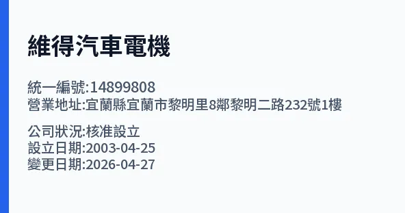 維得汽車電機的照片-統編 14899808(宜蘭縣) 公司登記資料與營業項目詳細圖表