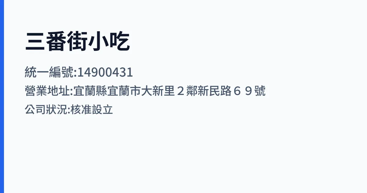 三番街小吃 - 統編 14900431(宜蘭縣) 公司登記資料與營業項目詳細圖表