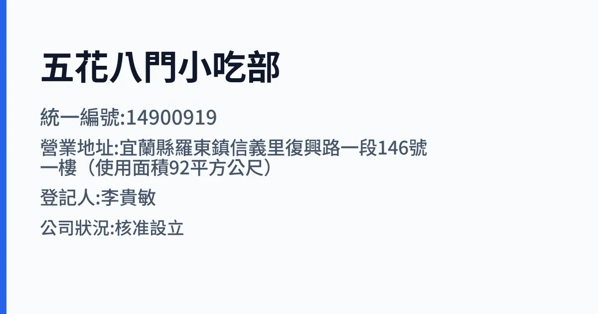 五花八門小吃部 - 統編 14900919(宜蘭縣) 公司登記資料與營業項目詳細圖表