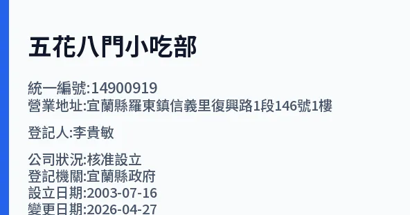 五花八門小吃部的照片-統編 14900919(宜蘭縣) 公司登記資料與營業項目詳細圖表
