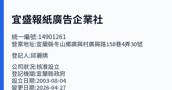 宜盛報紙廣告企業社的照片-統編 14901261(宜蘭縣) 公司登記資料與營業項目詳細圖表