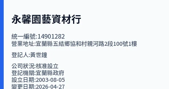 永馨園藝資材行的照片-統編 14901282(宜蘭縣) 公司登記資料與營業項目詳細圖表