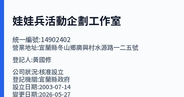 娃娃兵活動企劃工作室的照片-統編 14902402(宜蘭縣) 公司登記資料與營業項目詳細圖表