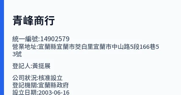 青峰商行的照片-統編 14902579(宜蘭縣) 公司登記資料與營業項目詳細圖表