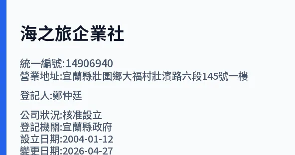 海之旅企業社的照片-統編 14906940(宜蘭縣) 公司登記資料與營業項目詳細圖表