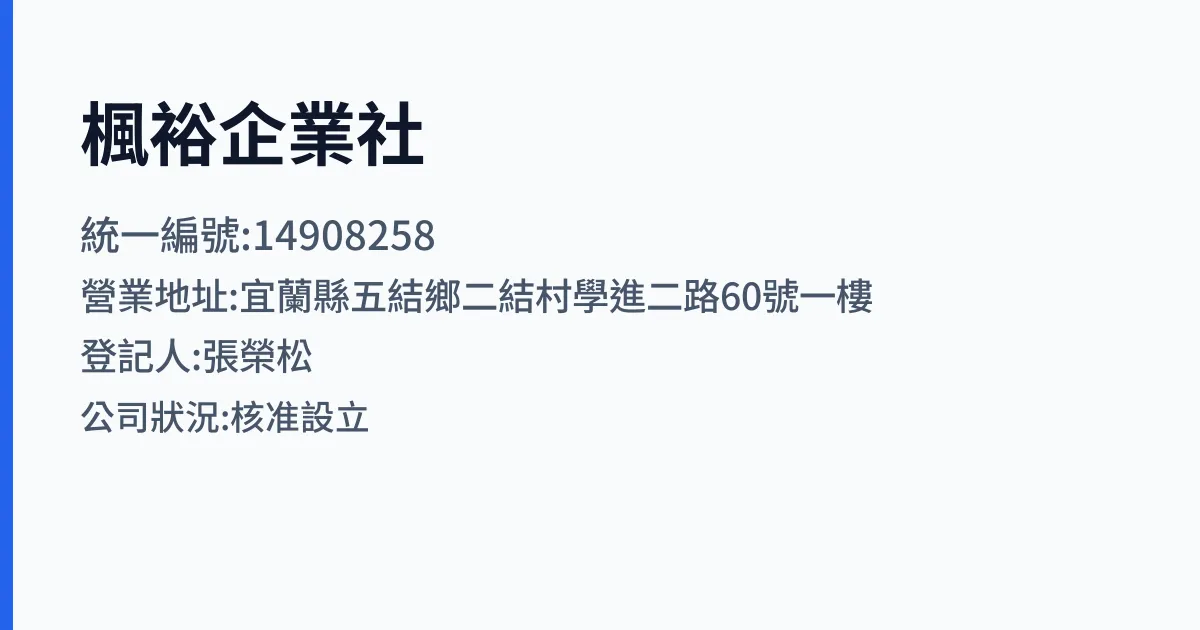 楓裕企業社 - 統編 14908258(宜蘭縣) 公司登記資料與營業項目詳細圖表