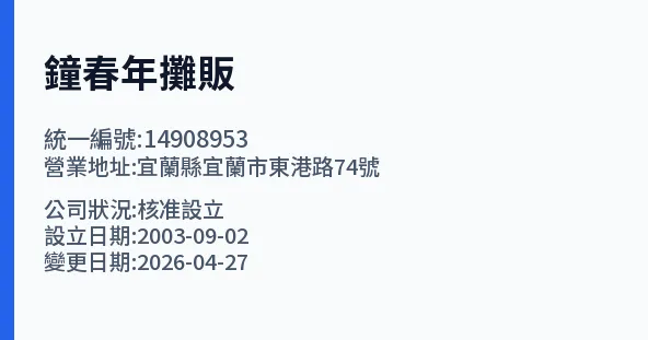 鐘春年攤販的照片-統編 14908953(宜蘭縣) 公司登記資料與營業項目詳細圖表