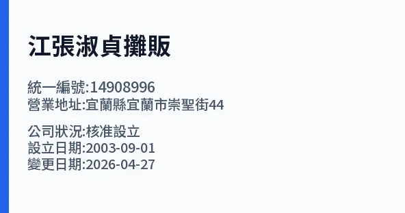 江張淑貞攤販的照片-統編 14908996(宜蘭縣) 公司登記資料與營業項目詳細圖表