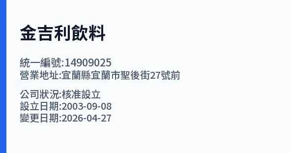 金吉利飲料的照片-統編 14909025(宜蘭縣) 公司登記資料與營業項目詳細圖表