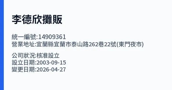 李德欣攤販的照片-統編 14909361(宜蘭縣) 公司登記資料與營業項目詳細圖表