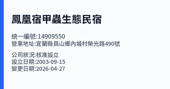 鳳凰宿甲蟲生態民宿的照片-統編 14909550(宜蘭縣) 公司登記資料與營業項目詳細圖表