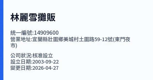 林麗雪攤販的照片-統編 14909600(宜蘭縣) 公司登記資料與營業項目詳細圖表