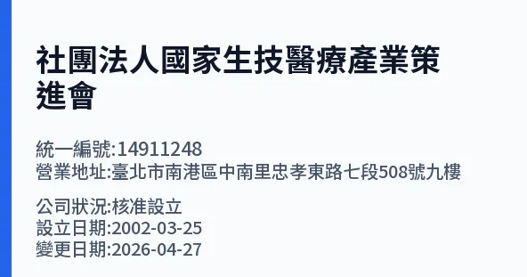 社團法人國家生技醫療產業策進會的照片-統編 14911248(臺北市) 公司登記資料與營業項目詳細圖表