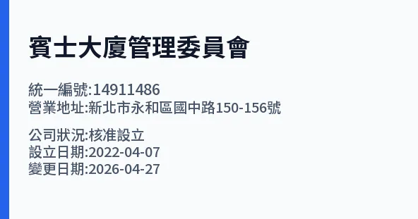 賓士大廈管理委員會的照片-統編 14911486(新北市) 公司登記資料與營業項目詳細圖表