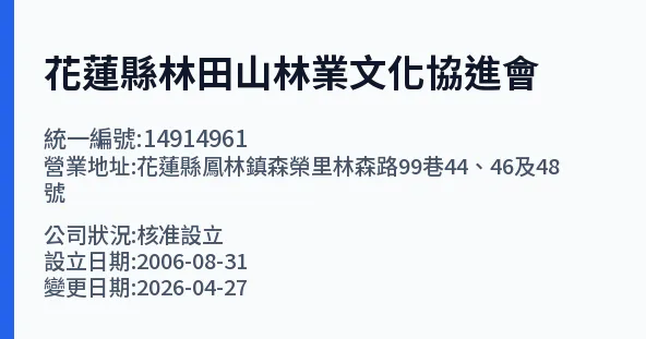 花蓮縣林田山林業文化協進會的照片-統編 14914961(花蓮縣) 公司登記資料與營業項目詳細圖表