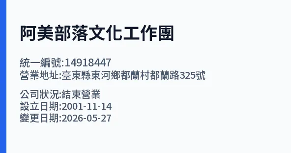 阿美部落文化工作團的照片-統編 14918447(臺東縣) 公司登記資料與營業項目詳細圖表