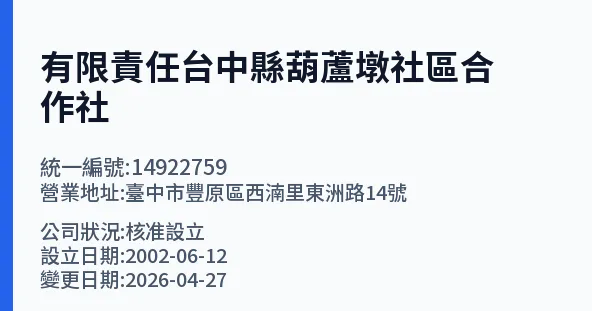 有限責任台中縣葫蘆墩社區合作社的照片-統編 14922759(臺中市) 公司登記資料與營業項目詳細圖表