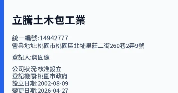立騰土木包工業的照片-統編 14942777(桃園市) 公司登記資料與營業項目詳細圖表