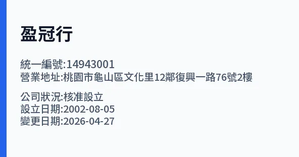 盈冠行的照片-統編 14943001(桃園市) 公司登記資料與營業項目詳細圖表