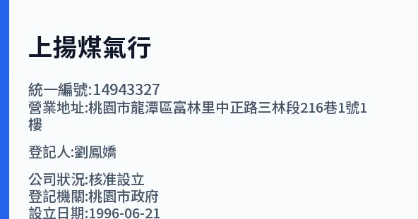 上揚煤氣行的照片-統編 14943327(桃園市) 公司登記資料與營業項目詳細圖表