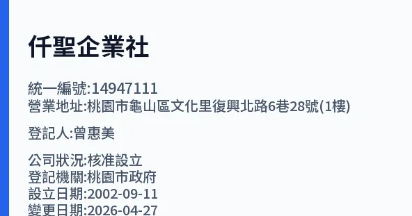 仟聖企業社的照片-統編 14947111(桃園市) 公司登記資料與營業項目詳細圖表
