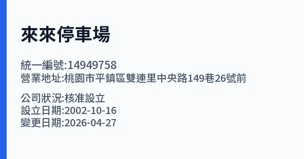 來來停車場的照片-統編 14949758(桃園市) 公司登記資料與營業項目詳細圖表
