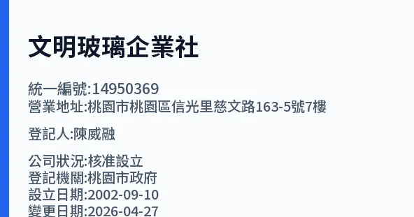 文明玻璃企業社的照片-統編 14950369(桃園市) 公司登記資料與營業項目詳細圖表