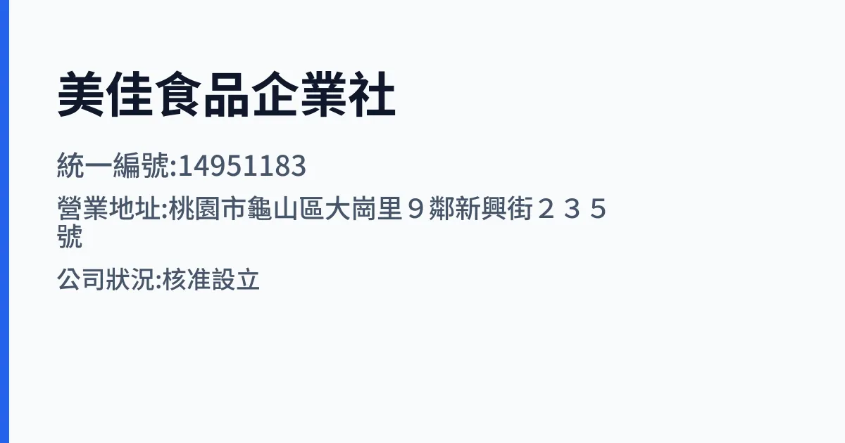 美佳食品企業社 - 統編 14951183(桃園市) 公司登記資料與營業項目詳細圖表