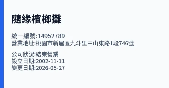 隨緣檳榔攤的照片-統編 14952789(桃園市) 公司登記資料與營業項目詳細圖表