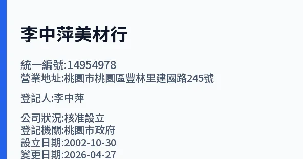 李中萍美材行的照片-統編 14954978(桃園市) 公司登記資料與營業項目詳細圖表