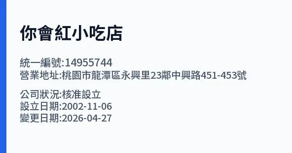 你會紅小吃店的照片-統編 14955744(桃園市) 公司登記資料與營業項目詳細圖表