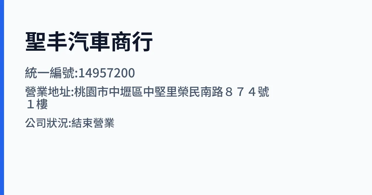 聖丰汽車商行 - 統編 14957200(桃園市) 公司登記資料與營業項目詳細圖表