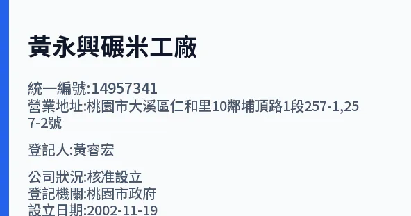 黃永興碾米工廠的照片-統編 14957341(桃園市) 公司登記資料與營業項目詳細圖表