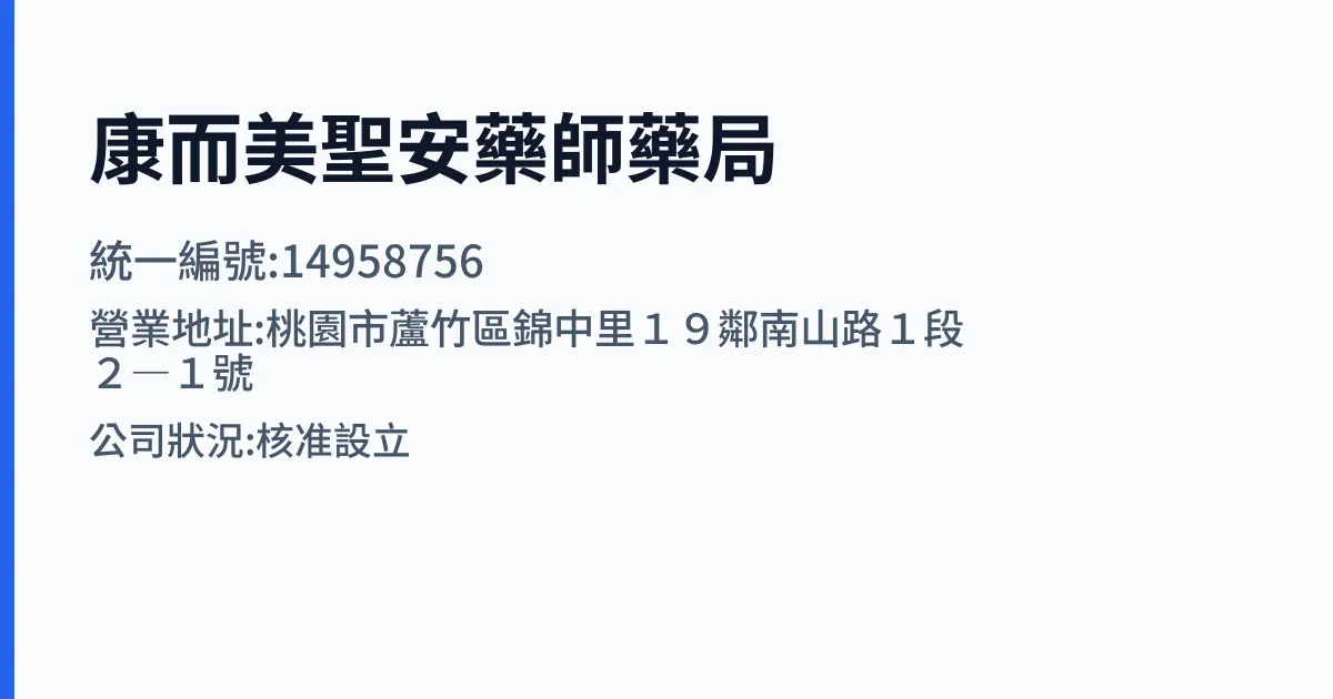 康而美聖安藥師藥局 - 統編 14958756(桃園市) 公司登記資料與營業項目詳細圖表
