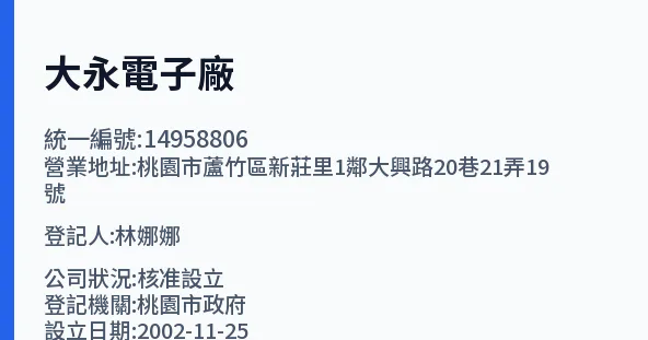 大永電子廠的照片-統編 14958806(桃園市) 公司登記資料與營業項目詳細圖表