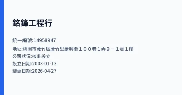 銘鋒工程行的照片-統編 14958947(桃園市) 公司登記資料與營業項目詳細圖表