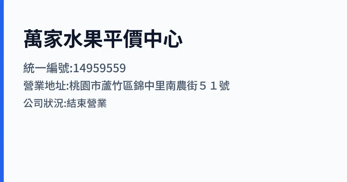 萬家水果平價中心 - 統編 14959559(桃園市) 公司登記資料與營業項目詳細圖表