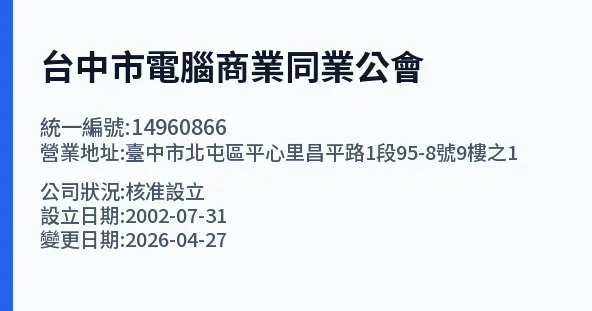 台中市電腦商業同業公會的照片-統編 14960866(臺中市) 公司登記資料與營業項目詳細圖表