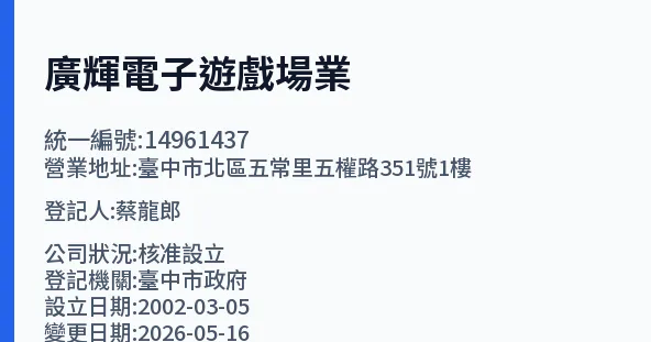廣輝電子遊戲場業的照片-統編 14961437(臺中市) 公司登記資料與營業項目詳細圖表