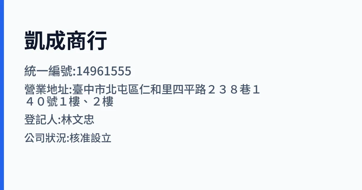 凱成商行 - 統編 14961555(臺中市) 公司登記資料與營業項目詳細圖表