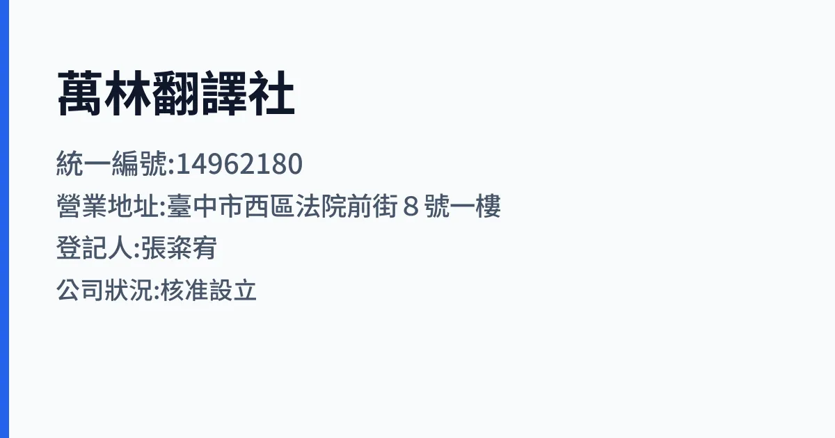 萬林翻譯社 - 統編 14962180(臺中市) 公司登記資料與營業項目詳細圖表