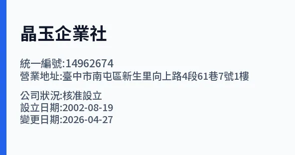 晶玉企業社的照片-統編 14962674(臺中市) 公司登記資料與營業項目詳細圖表